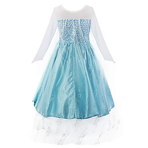 Padete Little Girl Princess Dress Snow Party Queen Halloween Costume Sky Blue with Accessories (7 Years, Sky Blue with Accessories)