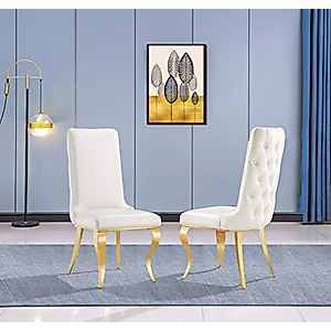 AZhome Dining Chairs, White Faux Leather Upholstered Dining Room Chairs in Button-Tufted Back, Dining Chairs with Gold Legs for Kitchen Dining Room, Set of 2