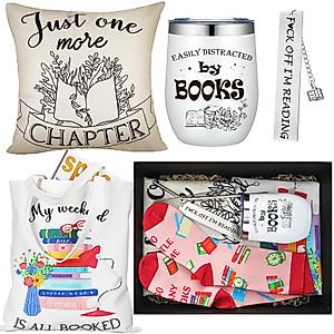 Tioncy 5 Pcs Book Lovers Gifts for Book Lovers Includes Tote Bag 12oz Wine Tumbler Pillow Case Socks Bookmark Christmas Appreciation Gift for Readers Club Teacher Students Librarians (Vivid Style)