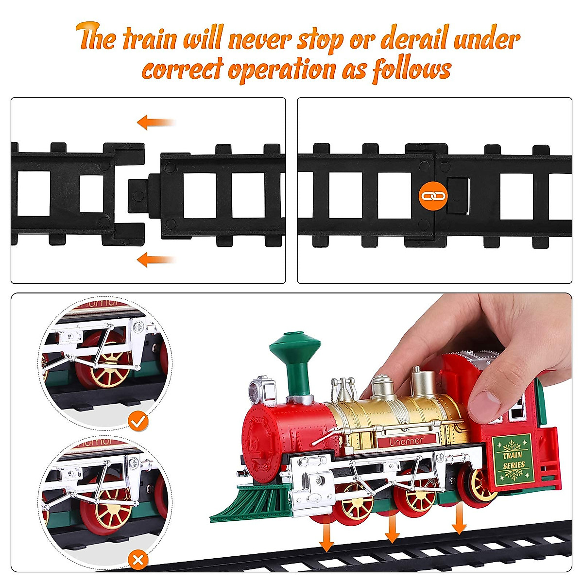 Unomor Train Set with Elf Handcar, Electric Train Set with Light & Sound, Steam Train Railway Tracks Christmas Train Gifts