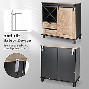 Giantex Buffet Sideboard, Coffee Bar Station with Sliding Barn Door, 2 Drawers, Wine Rack, Wood Cupboard Pantry, Farmhouse Storage Cabinet for Kitchen, Living Room (Natural & Black)