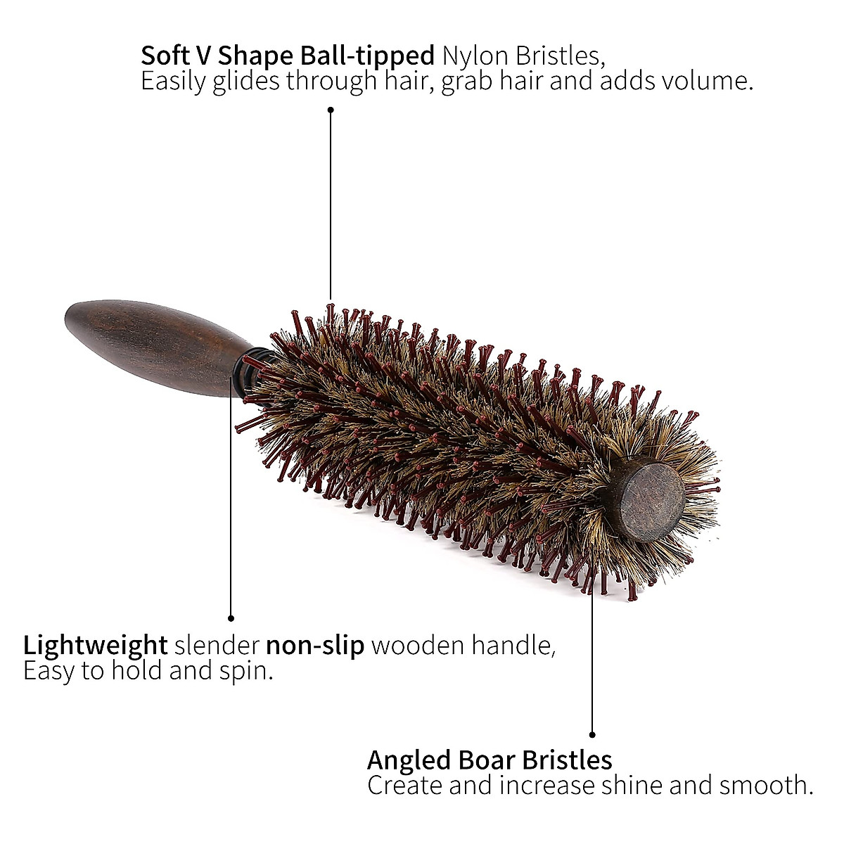 PERFEHAIR Small Round Boar & Nylon Bristle Brush -1.8 Inch, Styling Hairbrush for Blow Drying Curling Men & Women's Short, Thin, Fine Hair, Natural Wooden Handle