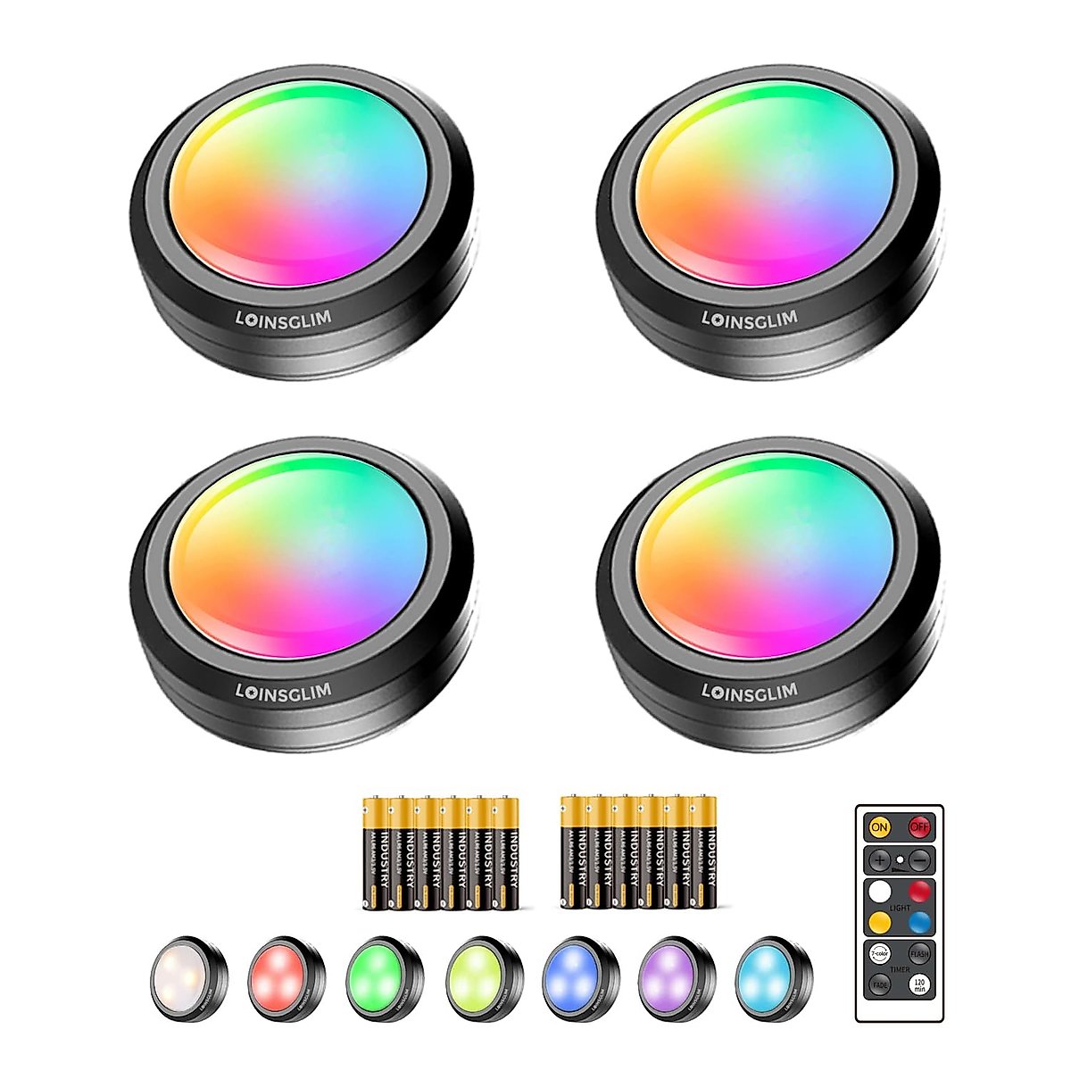 LOINSGLIM Puck Lights with Remote,7 Colors Under Cabinet Lighting Wireless,Battery Operated RGB LED Lights Dimmable, Push Lights for Closet,Kitchen,Under Counter Lights Bar Display Shelf (4pack)