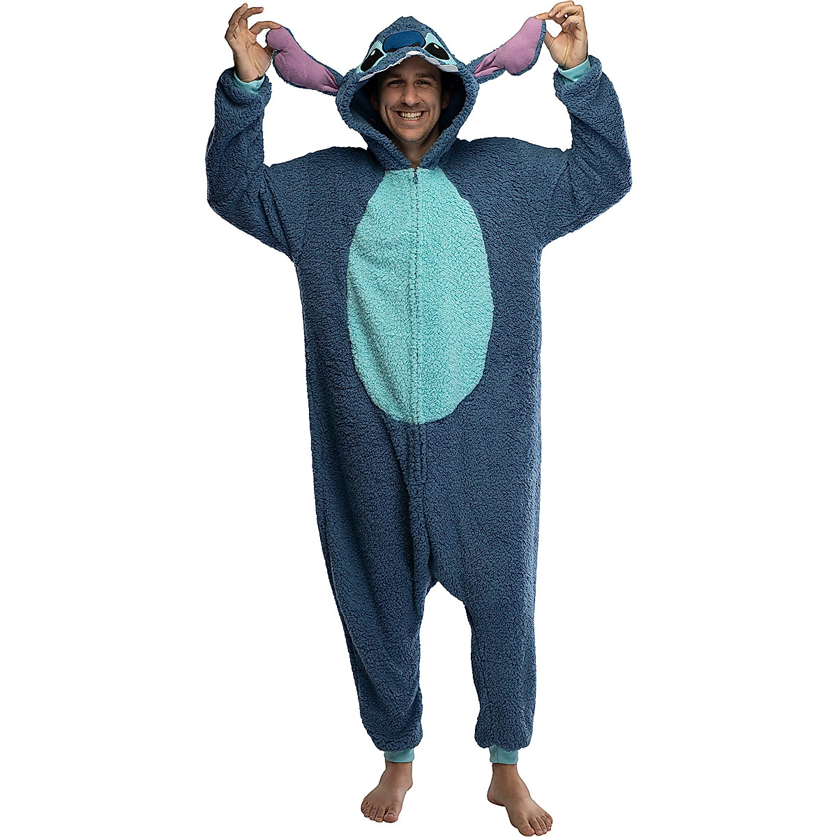 Disney Lilo & Stitch Adult Stitch Kigurumi Cosplay Costume Sherpa Union Suit Pajama Outfit (2X/3X) Blue