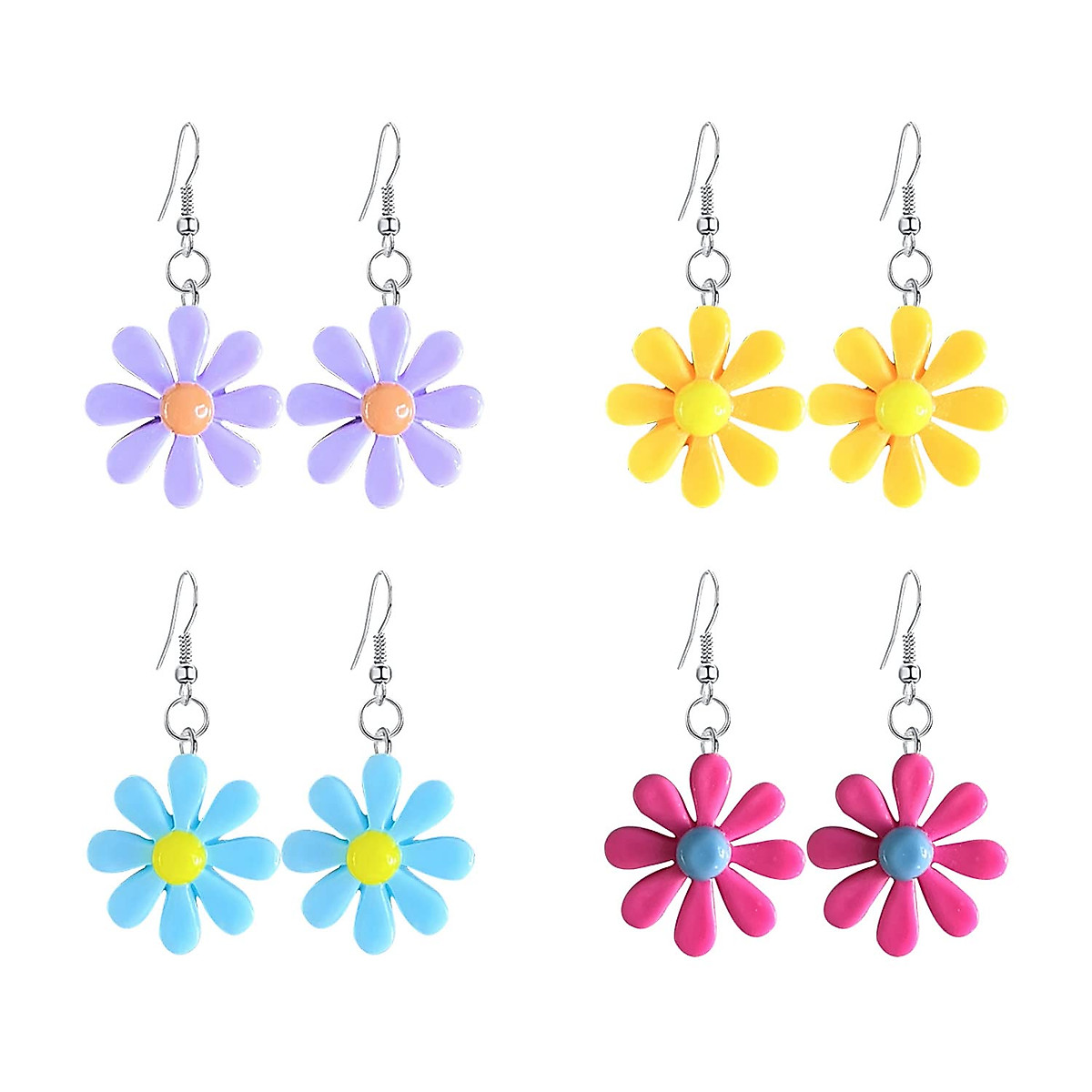 Just Follow 4 Pairs Fresh Candy Color Daisy Resin Flower Earrings Sunflower Temperament Earrings For Women Set (4 Pairs- Pink+Yellow+Green+Red)
