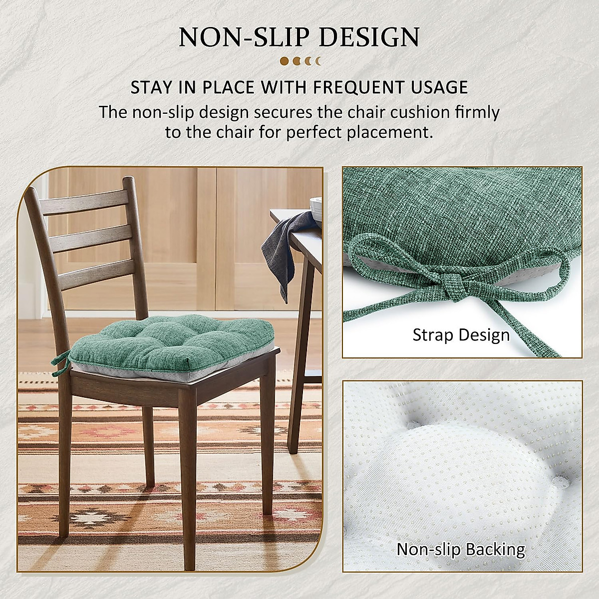 LOVTEX Kitchen Chair Cushions Set of 4, Non-Slip Chair Cushions for Dining Chairs, Shredded Memory Foam Chair Pads with Ties, Tufted Dining Chair Cushions, 15.5" x 15.5", Green