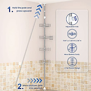 SEIRIONE Shower Caddy corner, Rustproof Shower Organizer, 4 Tier Shower Shelves, No Drilling Shower Rack, Adjustable Shower Storage and Large Shower Shelf for Inside Shower, 56 to 114 Inch