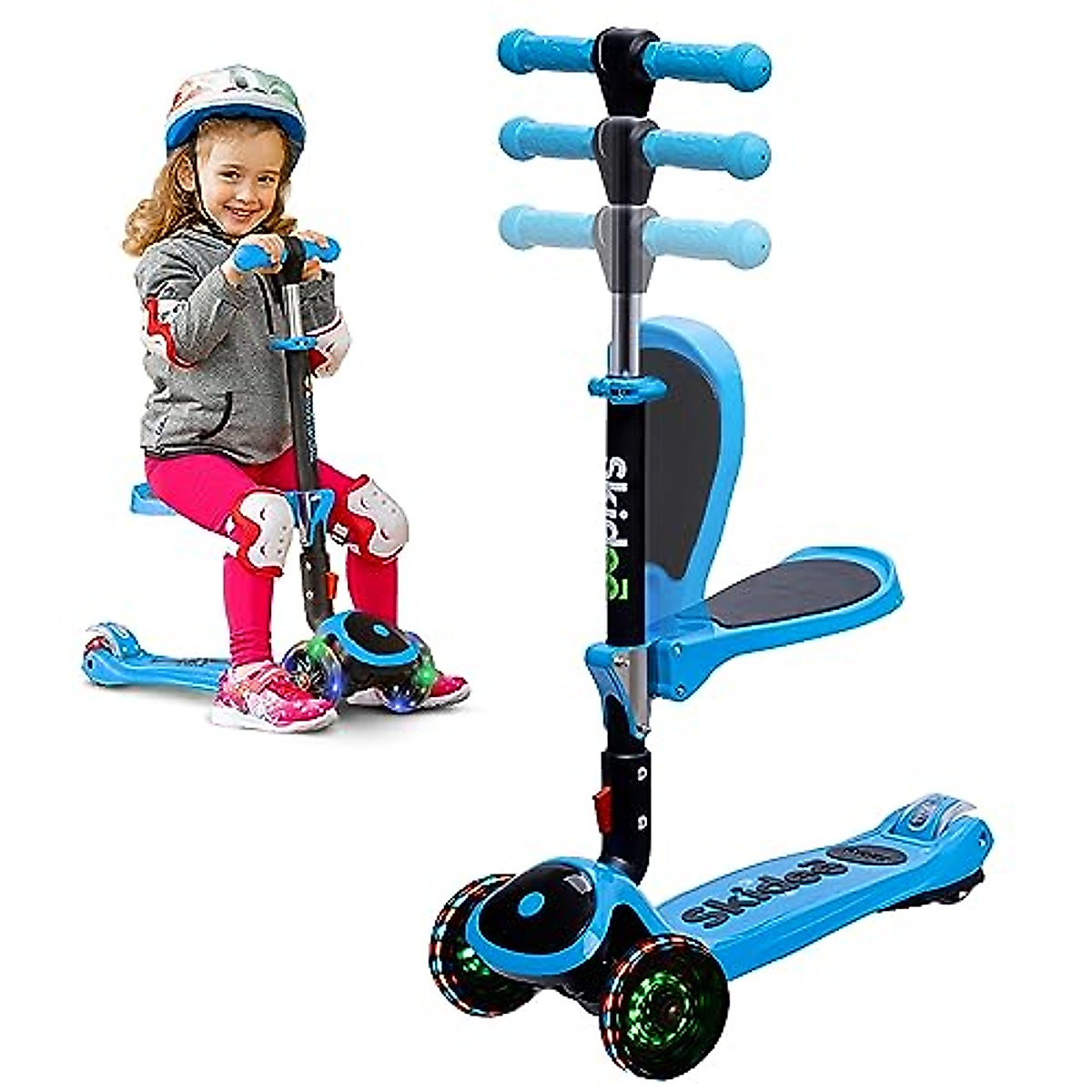 Kick Scooters for Kids Ages 3-5 (Suitable for 2-12 Year Old) Adjustable Height Foldable Scooter Removable Seat, 3 LED Light Wheels, Rear Brake, Wide Standing Board, Outdoor Activities for Boys/Girls