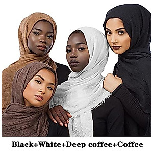QYMY 4pcs Set Hijab Muslim Head Scarf Solid Color Long Scarf Wrap Scarves Cotton Scarf for Women Fashion L70.7?xW35.4? QY414 (Black+White+Deep coffee+Coffee(4pcs set?))