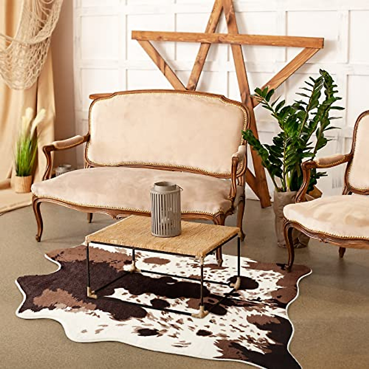 FALARK INC Premium Faux Cowhide Rug, 4.6ft x 5.2ft Cow Print Rugs for Living Room Bedroom, Cute Animal Print Carpet Western Home Decor Rug, Upgraded Non-Slip Soft Cow Skin Rugs, Brown and White