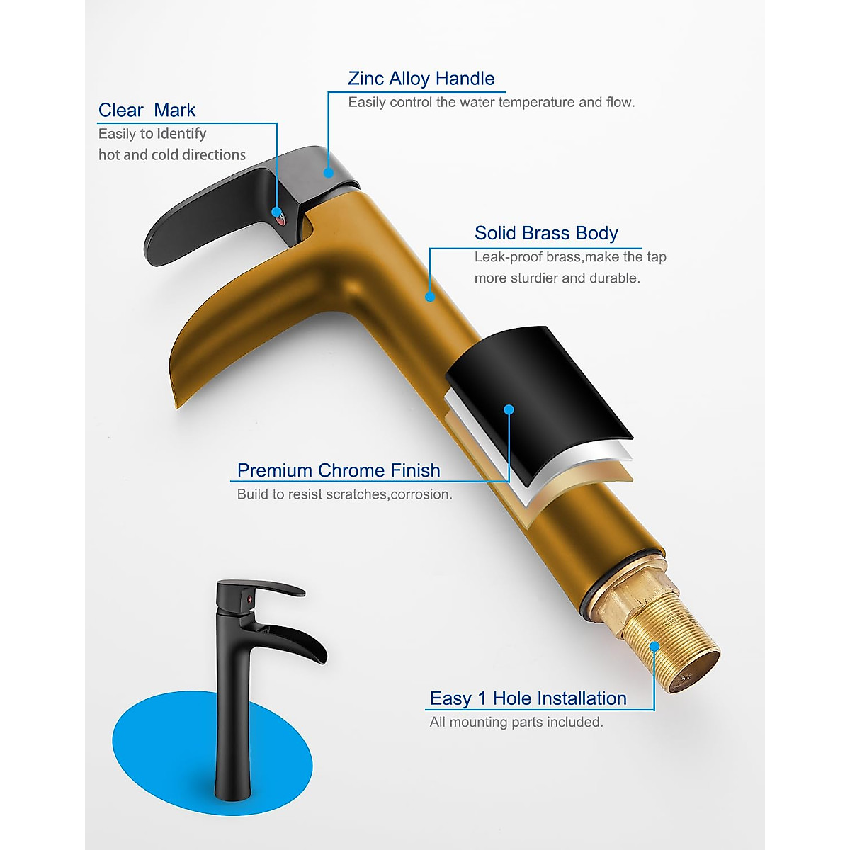 Arkosdex Modern Bathroom Vessel Sink Faucet, Tall Waterfall Bathroom Faucets, Single Handle Lavatory Vanity Faucet for Bowl Sink, 1 Hole Bath Tap with Pop Up Drain & Water Lines, Brass, Matte Black