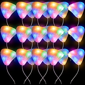 Juexica 12 Pieces Light up Furry Kitty Headband LED Cat Ears Cute Halloween Glow Party Hair Accessories for Women Girls (Multicolor)