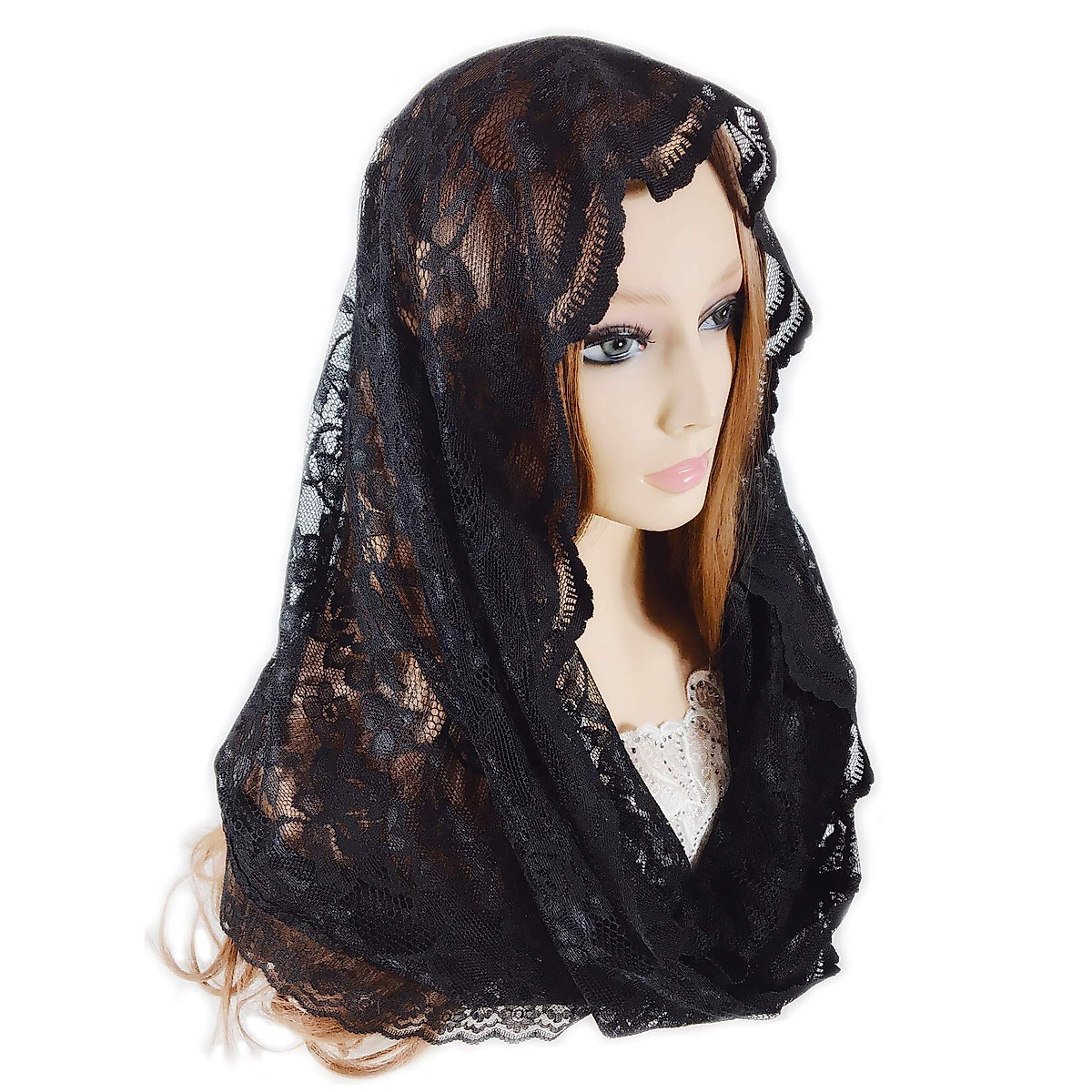 PAMOR Infinity Chapel Veil Floral Latin Mass Head Covering Lace Scarf Mantilla Veils for Church (Black)