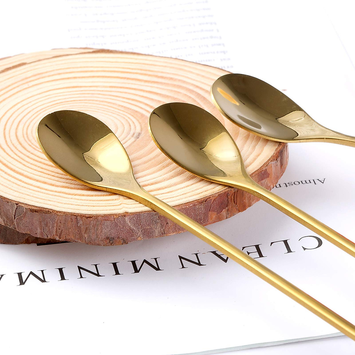 ANYI16 Long Handle Tea Coffee Spoons Set, 7.5" Stainless Steel Gold Leaf Teaspoons for Iced Tea, Coffee, Ice Cream, Dessert