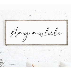 Farm Sign Stay Awhile Art Wood Framed Rustic Farmhouse Sign Wall Art Farmhouse Distressed Sothern Charm Home Decor 10" x 25"