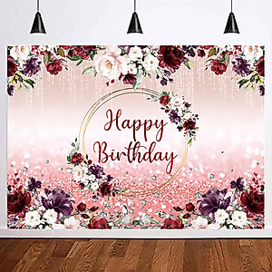 MAQTT 7 x 5 FT Pink Purple Rose Happy Birthday Photo Backdrop Flower Gold Glitter Blush Photography Background for Women Girl Birthday Party Decorations Banner Supplies