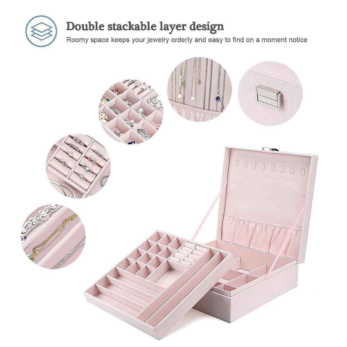 ProCase Velvet Jewelry Box Organizer for Women, 2 Layer Jewelry Display Storage Holder Case for Necklace Earrings Bracelets Rings -Pink