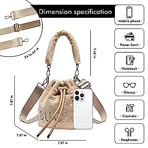 JQAliMOVV Mini Bucket Bag for Women, Purses Soft Plush Crossbody Drawstring Handbags, Hobo Bag (Khaki)