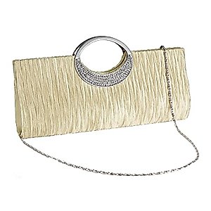 Classic Shiny Evening Bag with Crystal Handle Wedding Party Clutch Purse Handbag with Pleated Satin Clutch Design (Champagne)
