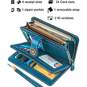 UMODE Large Capacity RFID Blocking Genuine Leather Wallets for Women with Wristlet Trifold Ladies Billfold with Zipper