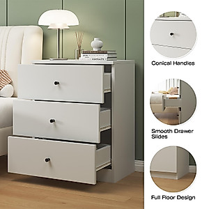 Modern 3 Drawer Dresser for Bedroom, Tall Nightstand with Conical Handles, Wood Chest of Drawers with Storage for Closet, Small Cabinet Bedside for Living Room, White