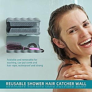 Kucucyle Hair Collector for Shower, 2-in-1 Shower Hair Catcher Wall for Drain Protection, Reusable Wavy Shower Wall Hair Catcher, Foldable Storage Shower Hair Catcher, Snare Protector (Grey)