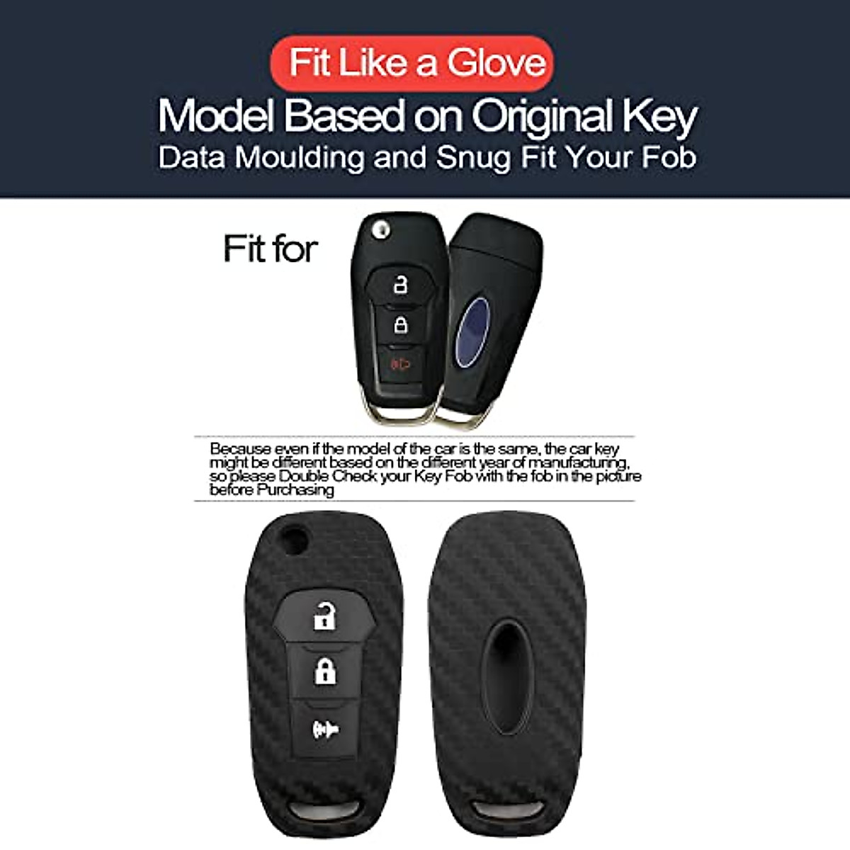 INFIPAR 2pcs Compatible with Flip 3 Buttons 2022 2021 2020 Ford Explorer Ranger F-150 F-250 F-350 F-450 F-550 Super Duty EcoSport Carbon Fiber Looks Silicone Case Cover Protector Keyless Remote