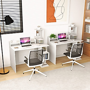 Tangkula White Desk with Storage Bookshelf & Hutch, 48” Modern Home Office Desk with 8 Storage Shelves, Space Saving Writing Study Desk for Bedroom, Compact Computer Workstation for Home