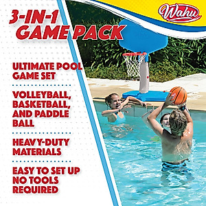 Wahu 3-in-1 Pool Sports Game Pack with Basketball and Hoop, Volleyball and Net, and Paddles and Paddle Balls, Pool Volleyball, Basketball, and Paddle Ball Set