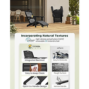 Ciokea Folding Adirondack Chair with Retractable Ottoman Fire Pit Patio Chair with Pull Out Foot Rest Weather Resistant Lawn Outdoor Lounge Chair with 2 Cup Holder (Black)