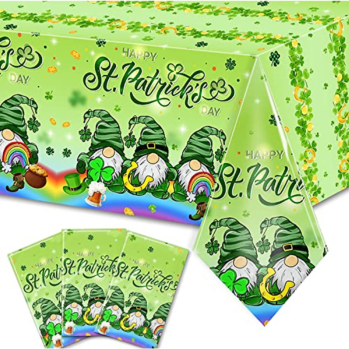 HAKOTI 3 Pieces St. Patrick's Day Tablecloth - Lucky Clover Gnome Tablecloth Irish Holiday Party Supplies Disposable Plastic Rectangular Waterproof Table Cover for St. Patrick's Theme Party