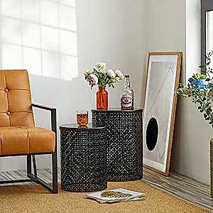 glitzhome Nesting Side Table Set of 2 Decorative Garden Stools for Indoor Outdoor Heavy Duty Metal Frame Side Table Modern End Table, Glossy Black