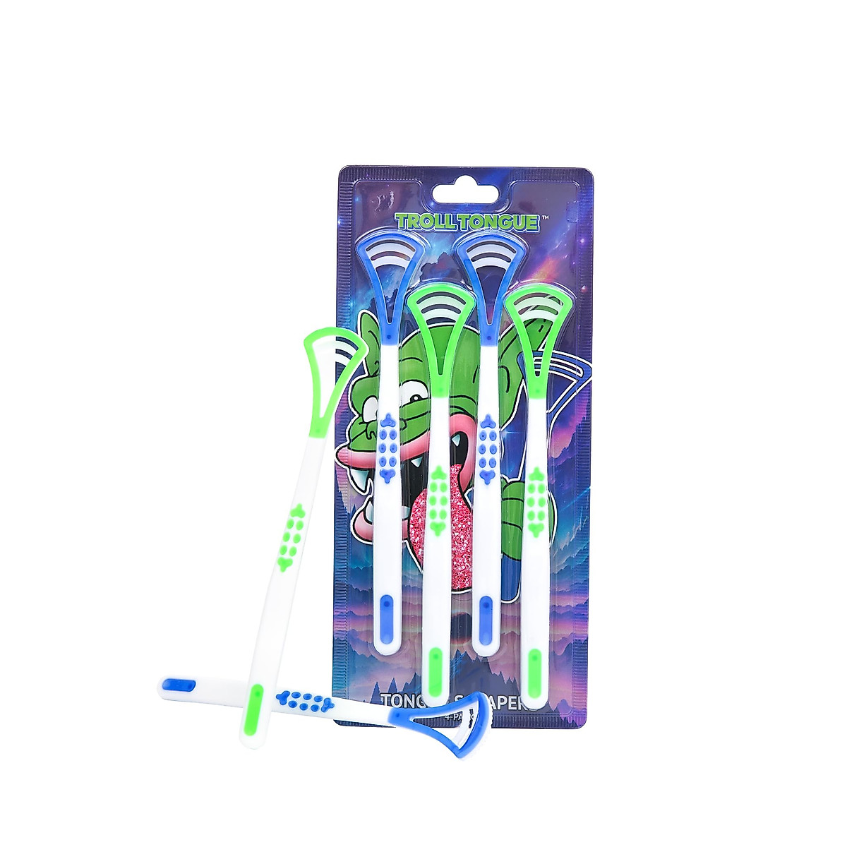 Troll Tongue-Tongue Scrapers-Dual Action Tongue Scraper to Reduce Bad Breath-Medical Grade Tongue Sweepers for Kids, Reusable Tongue Cleaners Set with Varying Colors - 4 Pack