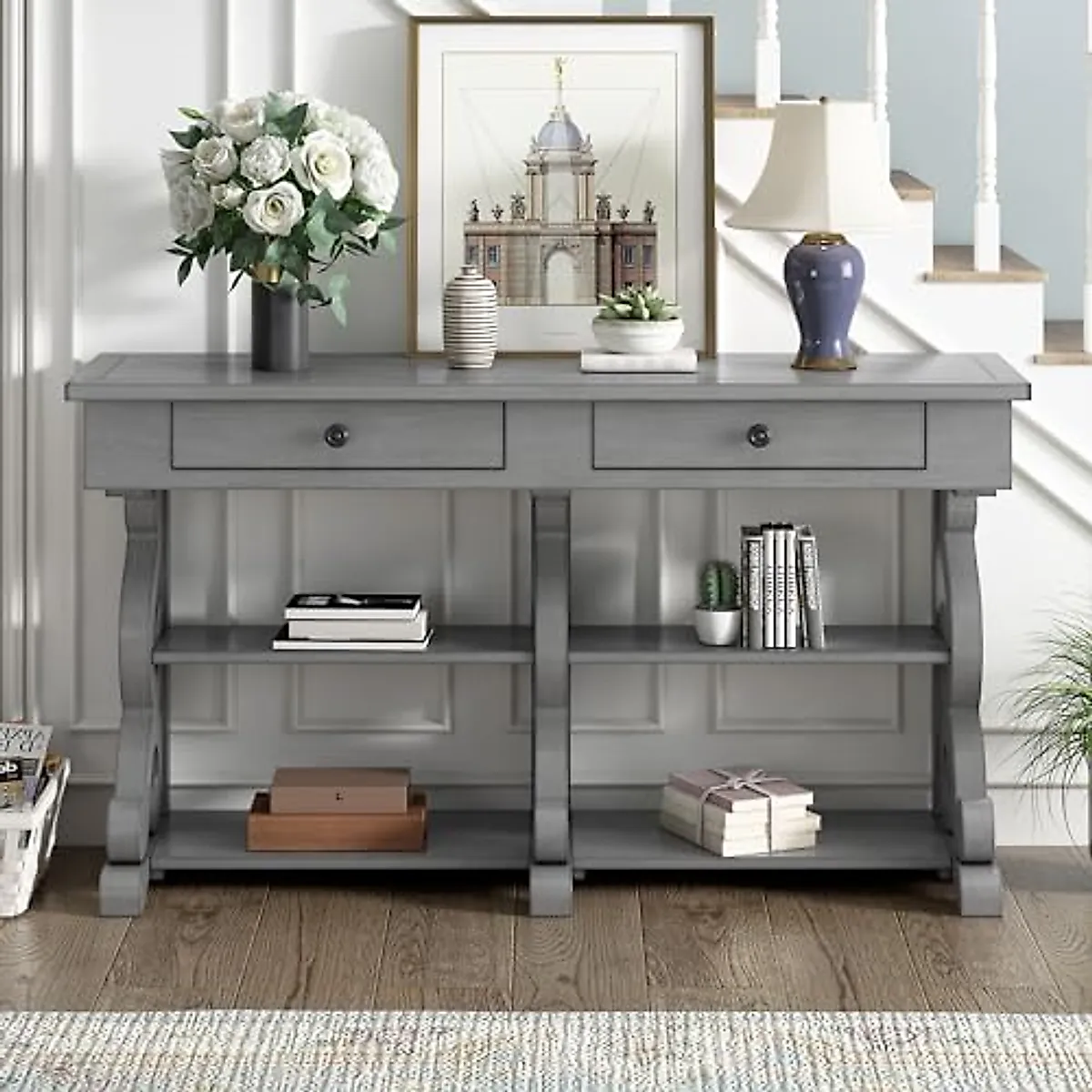 Brabrety Rustic Console Table Sideboard with Ample Storage, Open Shelves and Drawers,for Entrance Dinning Room Living Room (Antique Gray@Storage)