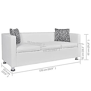 Sofa 3-Seater Artificial Leather White Living Room Home Office Furniture MDF Plywood Modern Chesterfield Upholstered Cushion Pillow, White