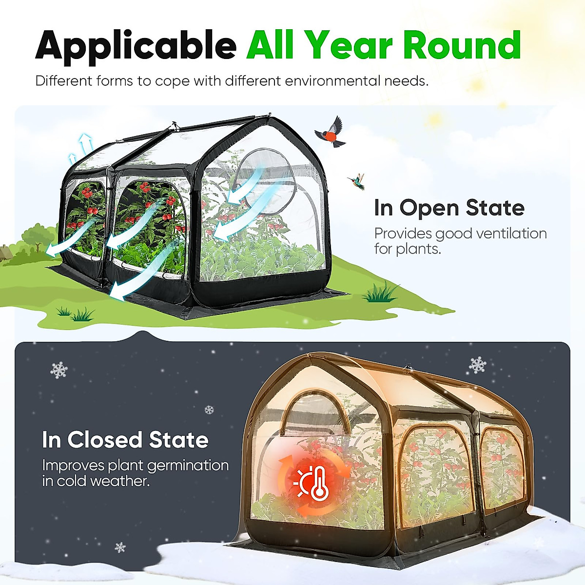 Quictent Greenhouse for Outdoors, Mini Quic-Setup Portable Flower Garden Plant Kit Outside, Heavy Duty Fiberglass Pop-up Frame and Durable Cover W/ Screen Window, 8.2x4.1x4.4 FT, Black