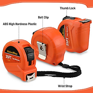 ValueMax Tape Measure 25FT with Fractions 1/8, 3 Pack Retractable Easy Read Measuring Tape, Imperial Measurement Tape with Metal Belt Clip for Construction, Contractor, Carpenter, Woodworking