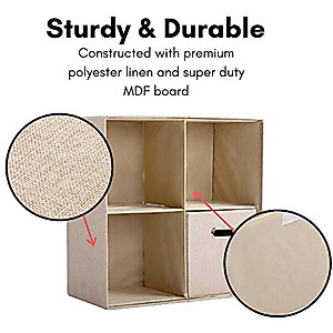 BIRDROCK HOME Cream Linen Cube Organizer Shelf with 4 Storage Bins – Strong Durable Foldable Shelf – Kid Toy Clothes Towels Cubby – Collapsible Bedroom Fabric Shelves and Cubes