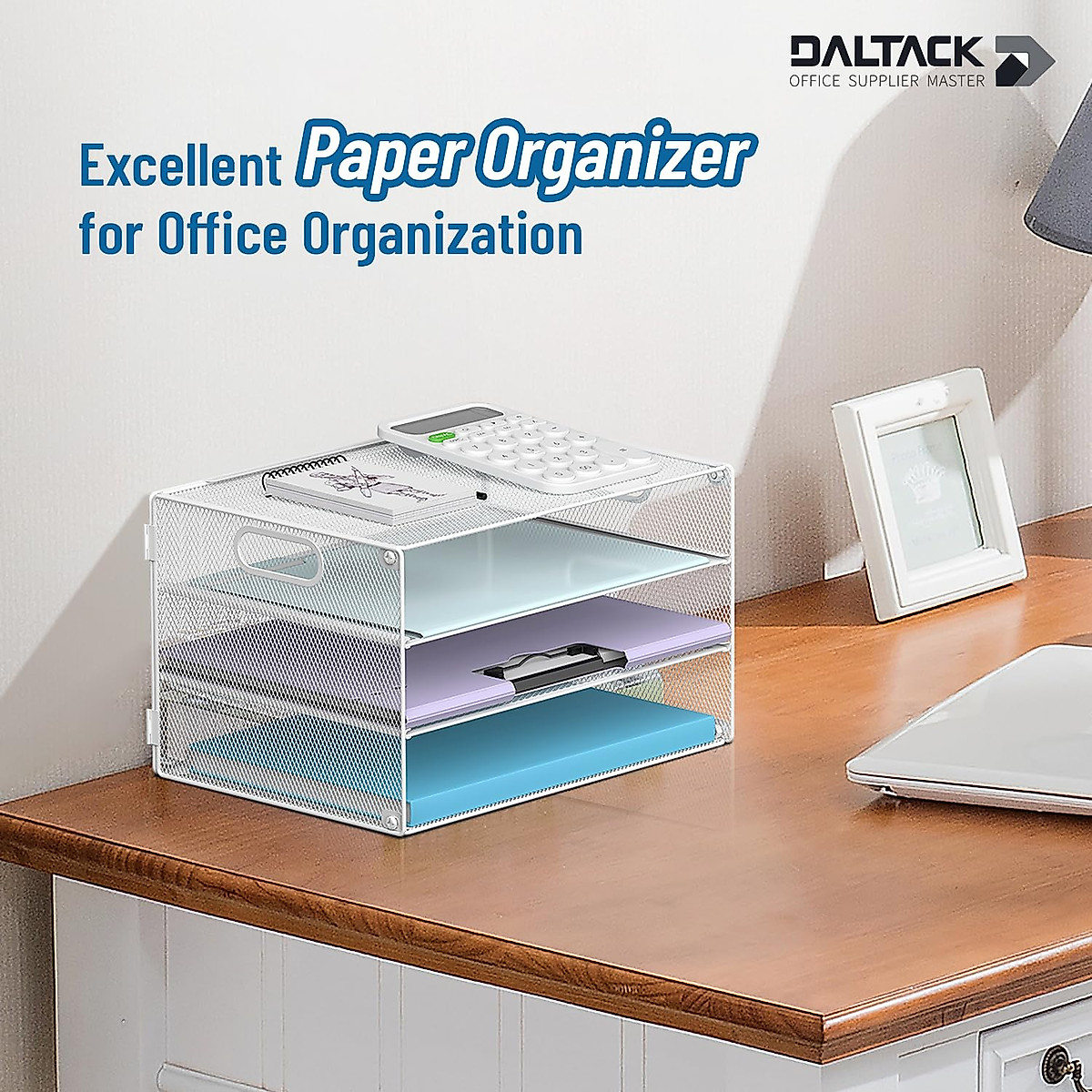 DALTACK 3 Tier Letter Tray Paper Organizer with Handle, Mesh Desk File Organizer, Paper Tray Desk Organizer for School Office Home, Metal Mesh, White