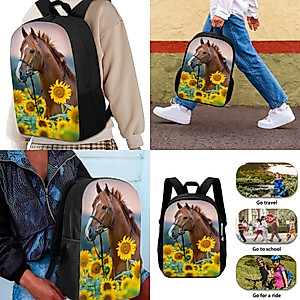 Renewold Sunflower Horse Print School Bag Set of 3, Childrens Backpack Boys Girls School Bags with Drinks Side Pocket and Lunch Box Bag Pencil Case Set Bookbag
