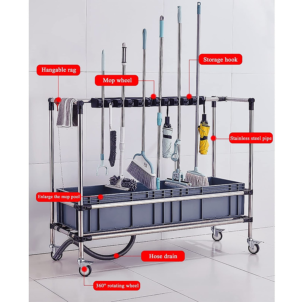 Mop Storage Racks Cleaning Tool Tower Mop Holder Umbrella Stand,Broom and Mop Holder Put Wet Mops Movable Commercial Mop Rack,for Garden Garage Schools, Hospitals, Factories, Hotels,Property Compa