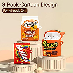 3PACK Cute Cover for Airpod Case 2nd Generation, Funny Goldfish+Rainbow Candy+Chocolate Food Protective Cases, Kawaii Cartoon Soft Silicone Design for Apple Air Pod 2/1 Women Girls Boys with Keychain