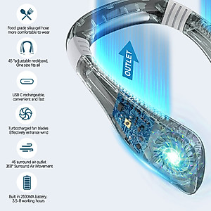 YUSSOT Neck Fan, Portable Neck Fan Rechargeable, Hands Free Bladeless Fan, Battery Powered Wearable Personal Fan, Low Noise Long Time Use 360° Cooling Bladeless Personal Cooling Fan, 3 Speeds White