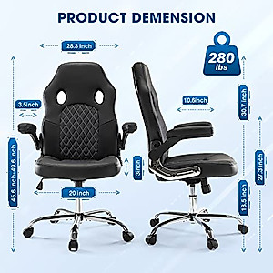 Gaming Chair, Home Office Computer Chair PU Leather Ergonomic Racing Desk Chair Adjustable Height Mid Back ﻿Executive Task Chair with Lumbar Support and Flip Up Armrest, Rocking Swivel Comfty Cushion