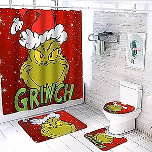 ZMME Christmas Shower Curtain 4-Piece Set, with Non-Slip Carpet, Toilet lid and Bath mat, 12 Hooks Christmas Shower Curtain Bathroom Set Holiday Home Decoration