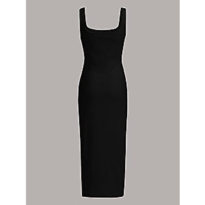 Verdusa Women's Casual Sleeveless Square Neck High Waist Rib Knit Tank Long Dress Black L