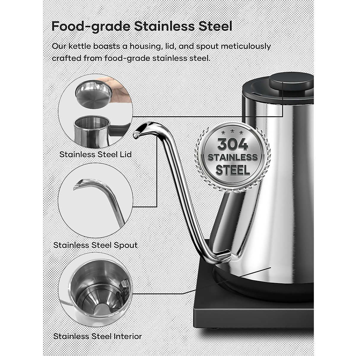 Gooseneck Electric Kettle, Offacy Gooseneck Kettle with 100% Food Grade 304 Stainless Steel, Pour Over Kettle & Coffee Kettle, Tea Kettle 1200 Watt Quick Heating, 0.9L, Stainless Steel