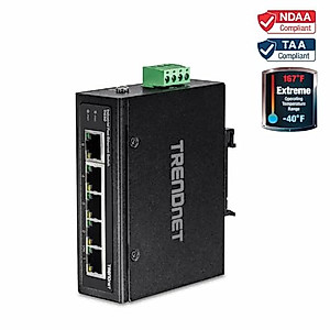 TRENDnet 5-Port Industrial Unmanaged Fast Ethernet DIN-Rail Switch, 5 x Fast Ethernet Ports, IP30, Operating Temperature Range of -40° – 75°C (-40° – 167°F), Lifetime Protection, Black, TI-E50