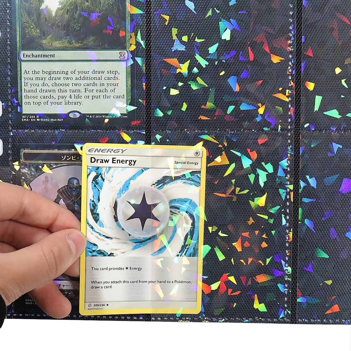 30PCS Holographic Trading Card Sleeve Pages Gemstone Foil Card Sleeves TCG&Photo 9 Pockets Fit 3 Ring Binder Pages (Side Loading Black Pages)
