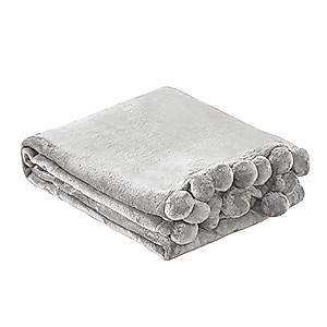 Home Soft Things Pompom Bed Couch Throw Blanket, 50'' x 60'', Silver Grey, Fuzzy Soft Comfy Warm Decorative Throw Blanket for Living Room Bedroom Suitable for All Seasons